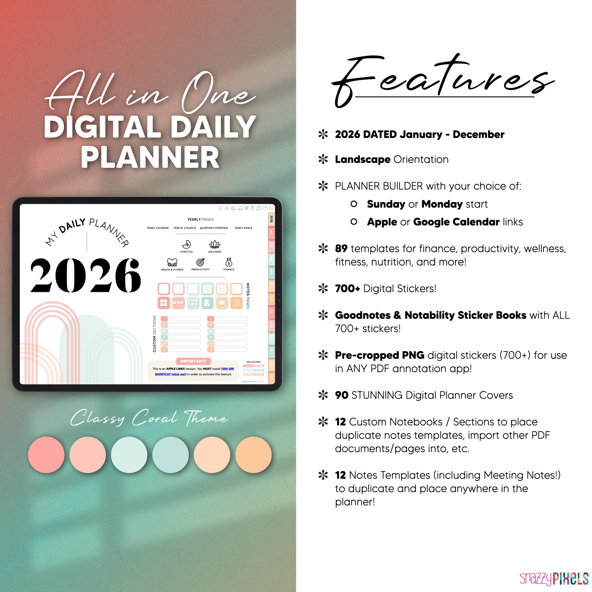 2026 Dated Digital Daily Planner (coral), Landscape Planner for ...