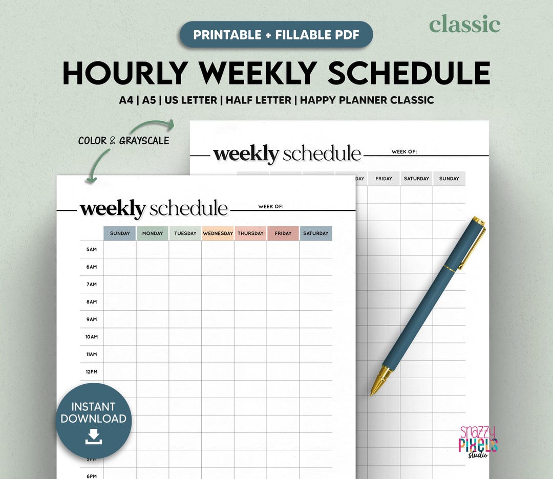 Hourly Weekly Schedule Printable Fillable PDF, Weekly Organizer Planner ...