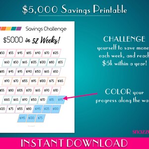5000 Savings Challenge printable PDF, 5k Savings Tracker Chart, 5000 Money Challenge, Savings ...