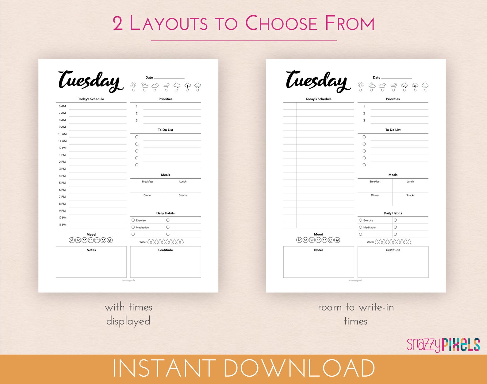 Daily Planner Printable PDF B&W Hourly Schedule Daily - Etsy