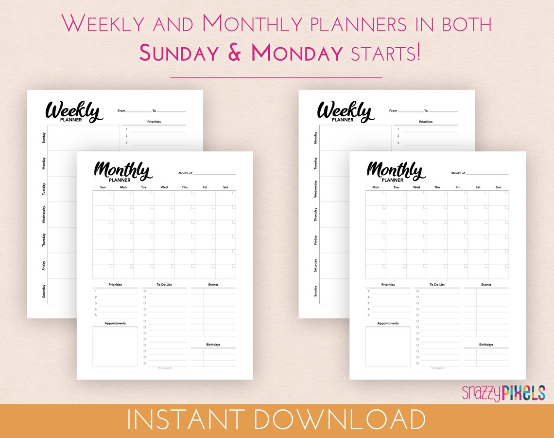 Productivity Planner Printable PDF B&W Daily Weekly Monthly | Etsy