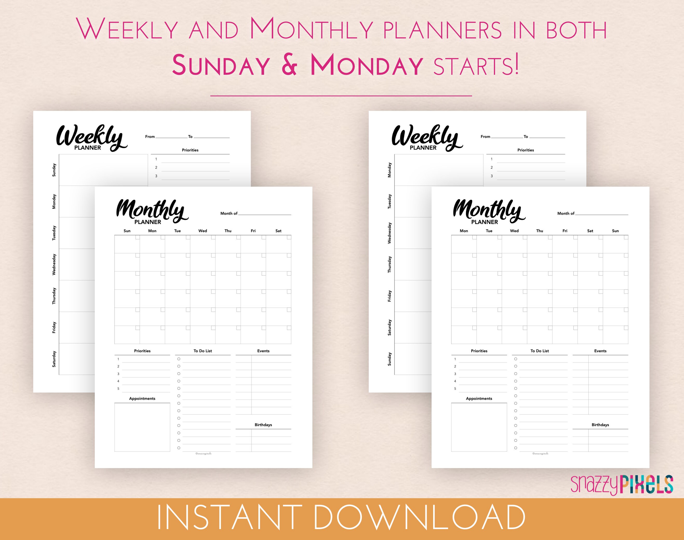 Productivity Planner Printable PDF B&W Daily Weekly Monthly - Etsy