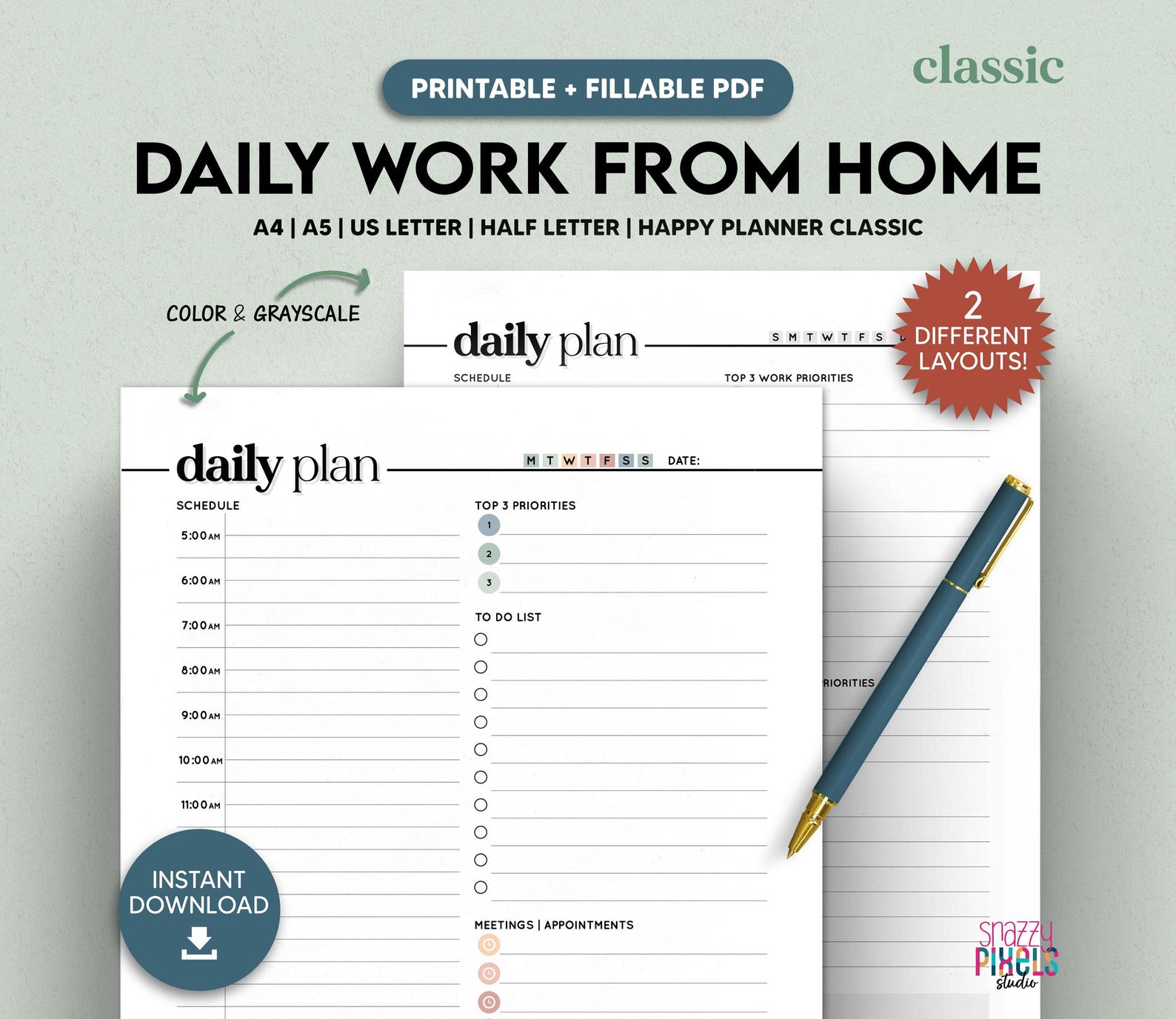 Work From Home Daily Planner Printable, Hourly Schedule (fillable PDF ...