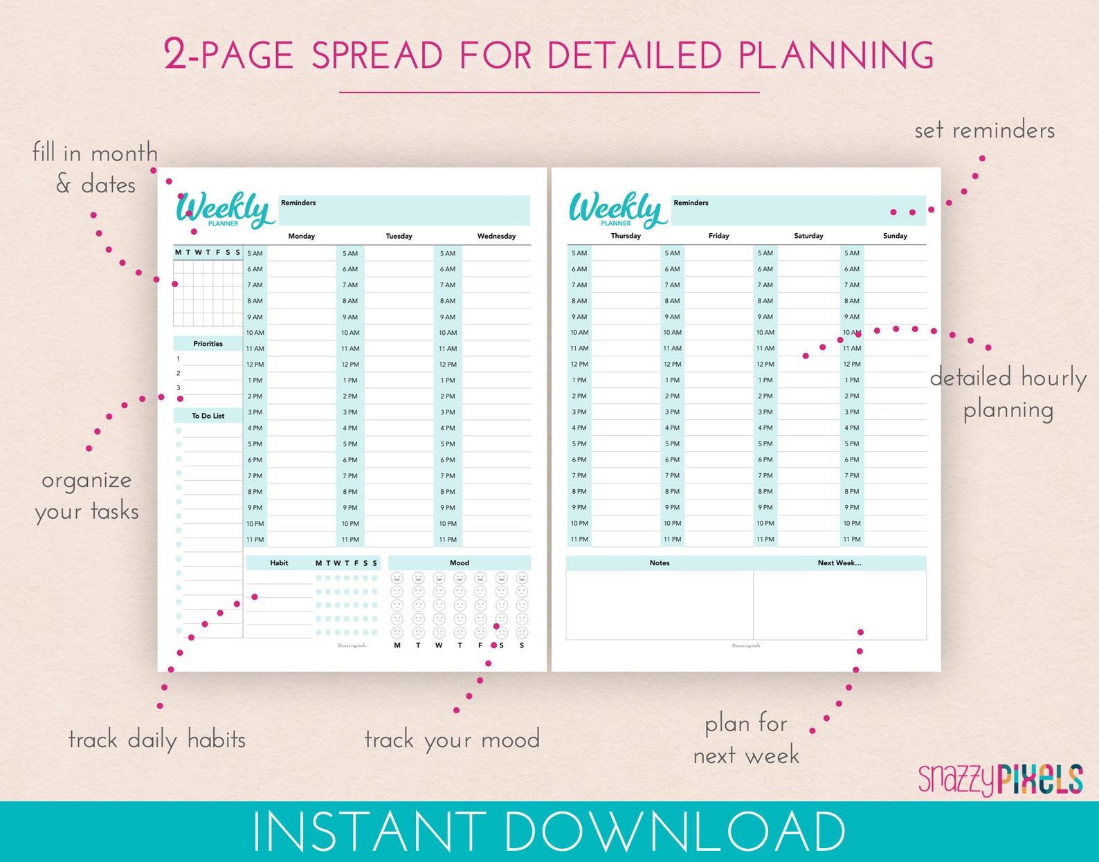 Weekly Hourly Planner Printable PDF color Daily Schedule - Etsy