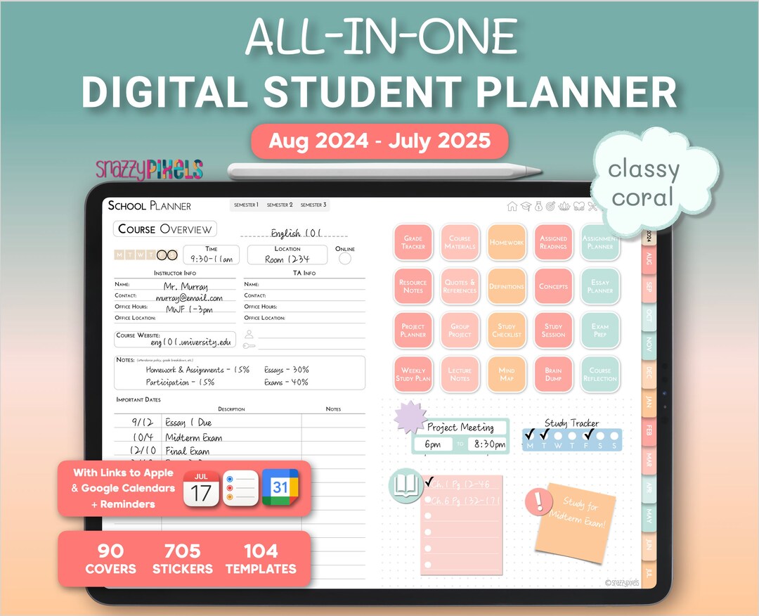 ALL-IN-ONE Digital Student Planner coral, 2024-2025 Academic Planner ...