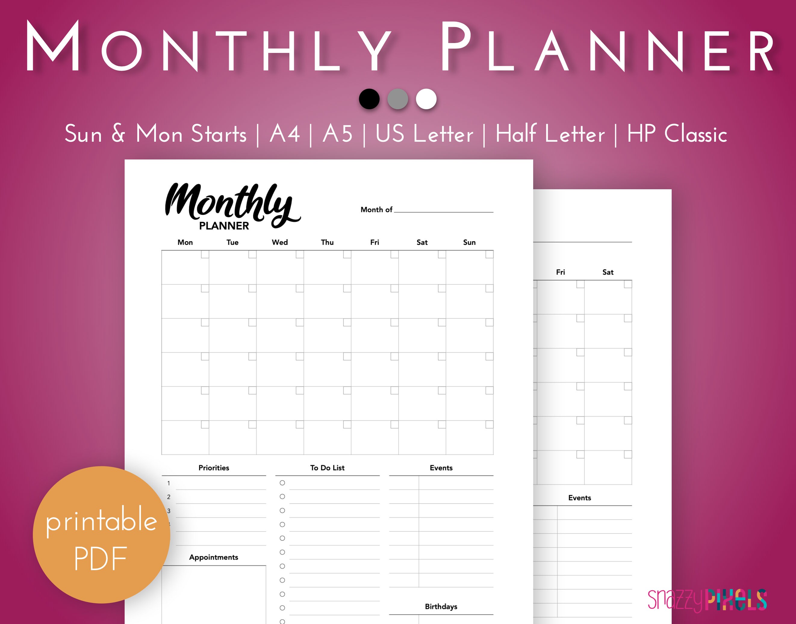 Month at a Glance Planner Printable PDF B&W Monthly Goals - Etsy