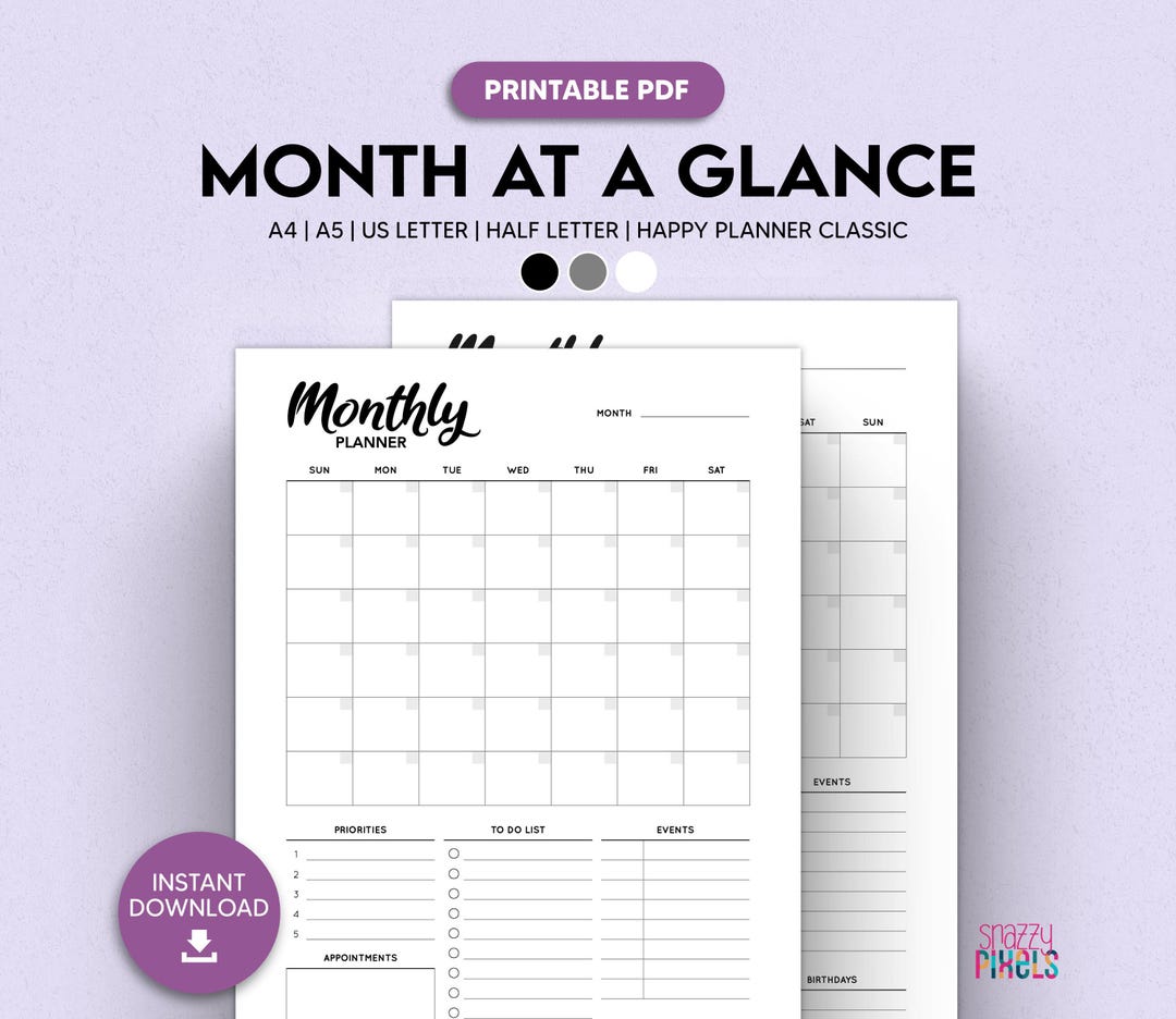 Month at a Glance Planner Printable PDF (B&W), Monthly Goals, to Do ...