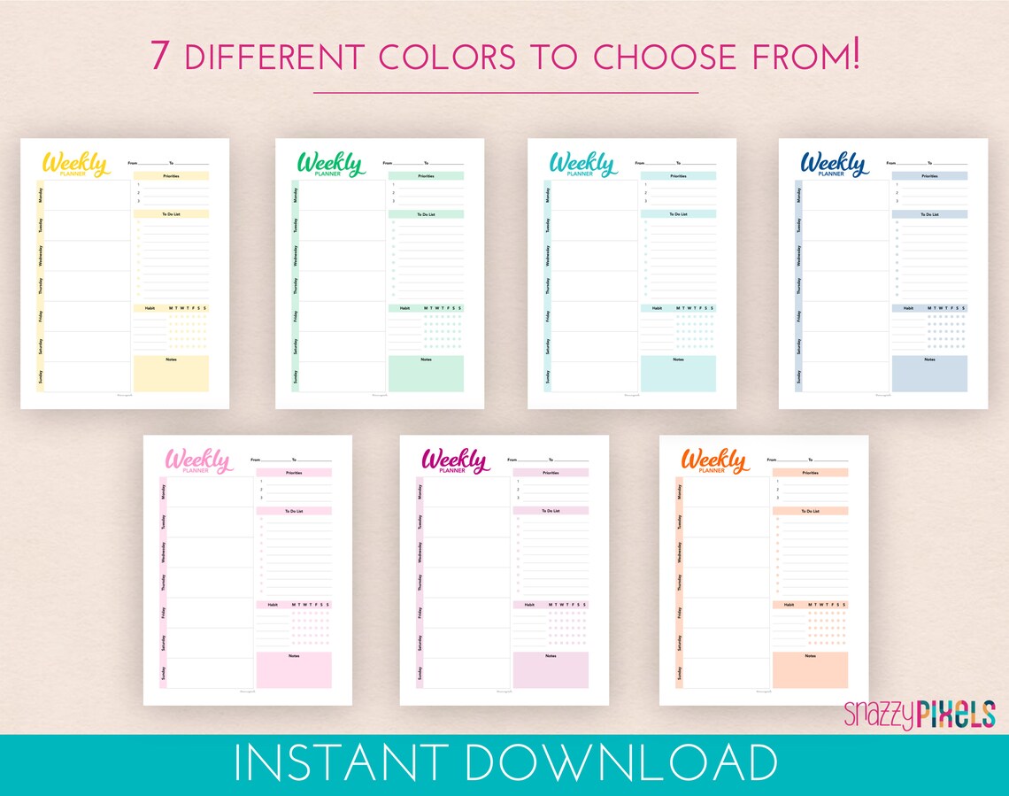 Weekly Planner Printable PDF color Weekly Schedule Week - Etsy
