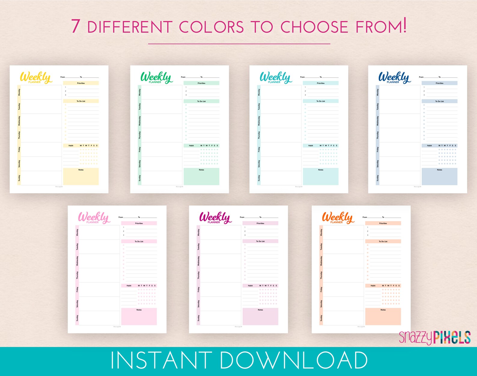 Weekly Planner Printable PDF color Weekly Schedule Week - Etsy