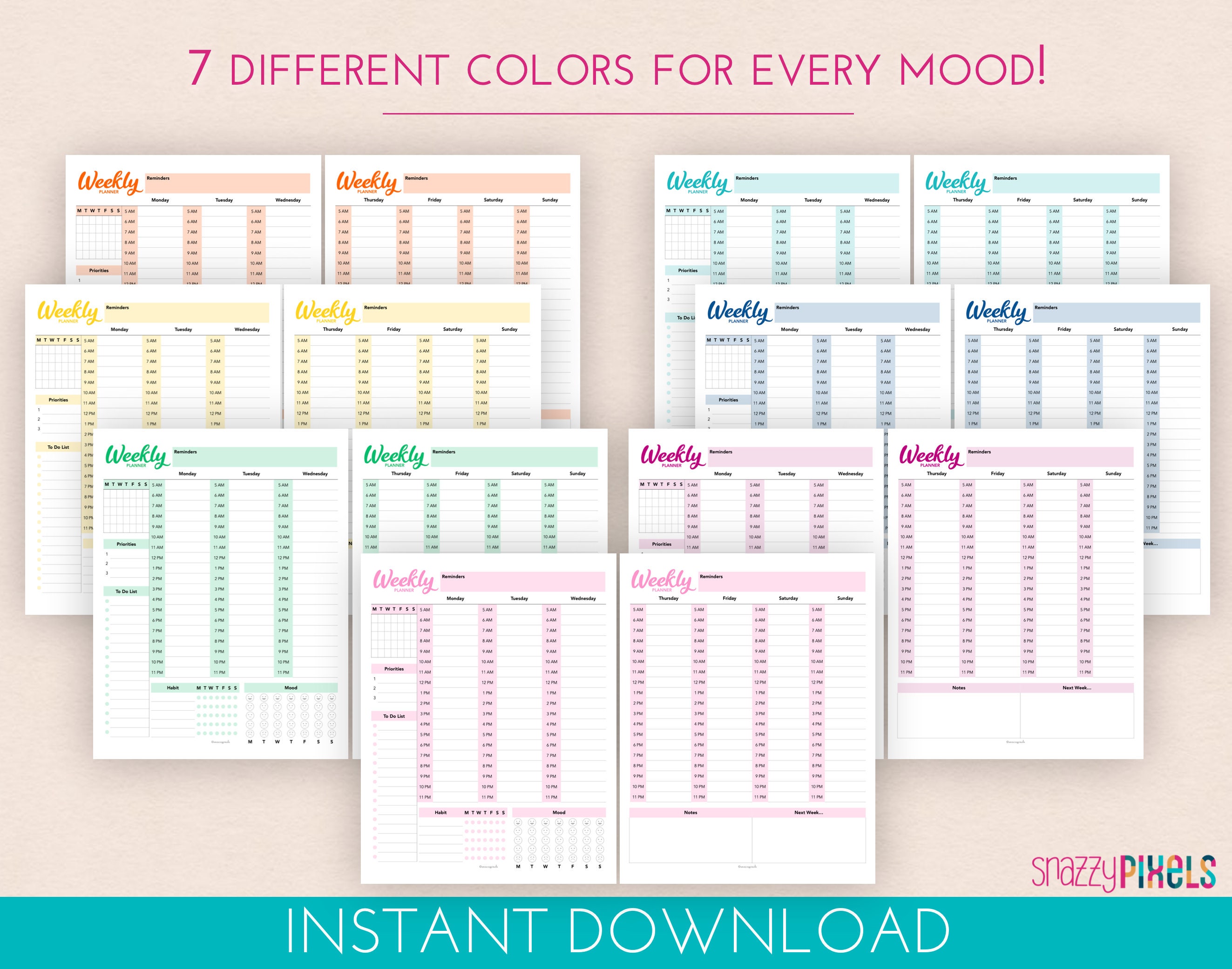 Weekly Hourly Planner Printable PDF color Daily Schedule - Etsy