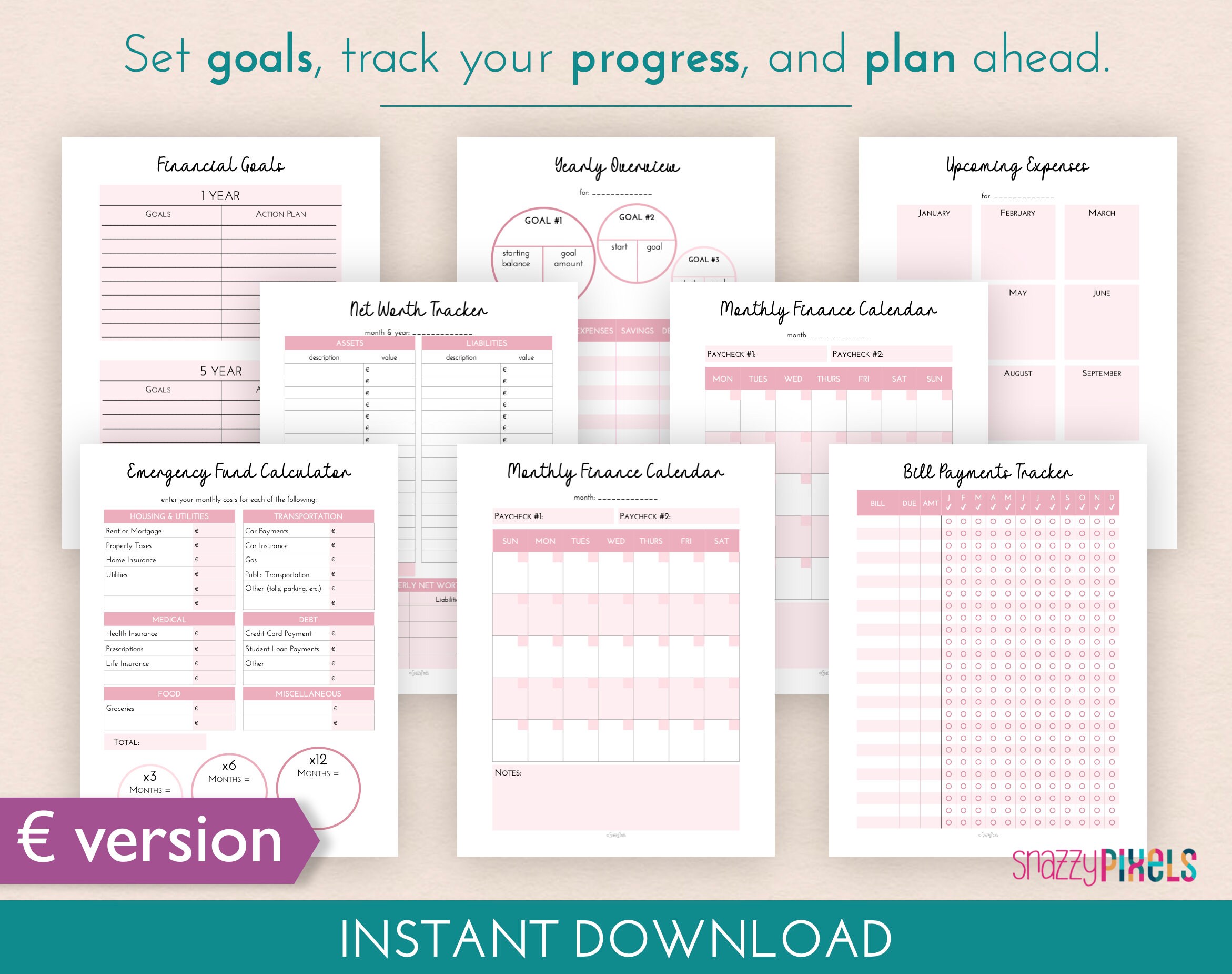 Budget Planner Printable PDF EURO Pink Financial Planner - Etsy