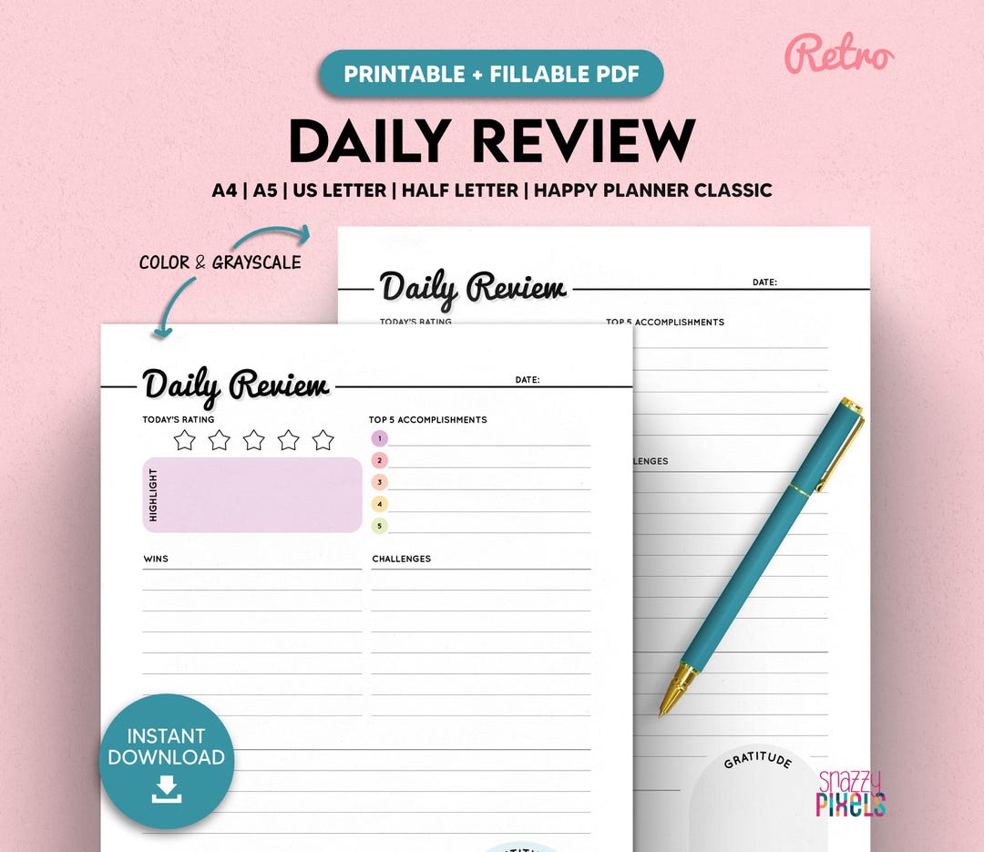 Daily Review Printable Fillable PDF, Daily Reflection Evaluation ...