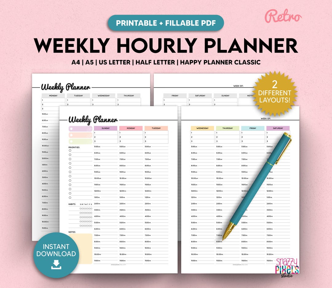 Hourly Weekly Schedule 2 Page Spread, Printable Fillable PDF, Week ...