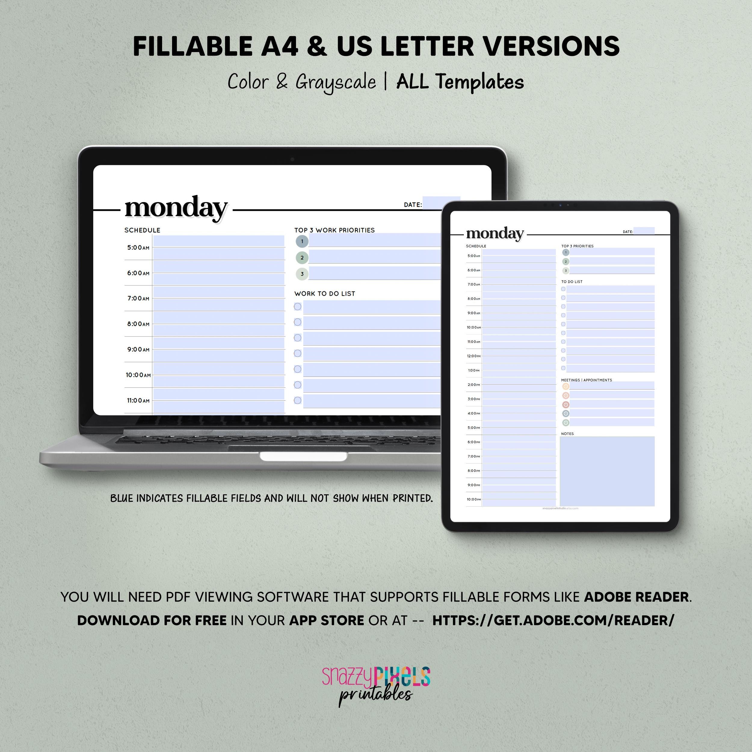 7 Day Work From Home Planner Printable Fillable, Office Business Daily ...