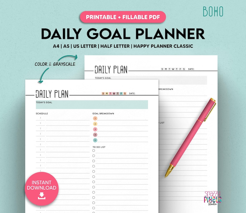 Daily Goal Planner Printable PDF, Daily Planner, Goal Setting Planner ...