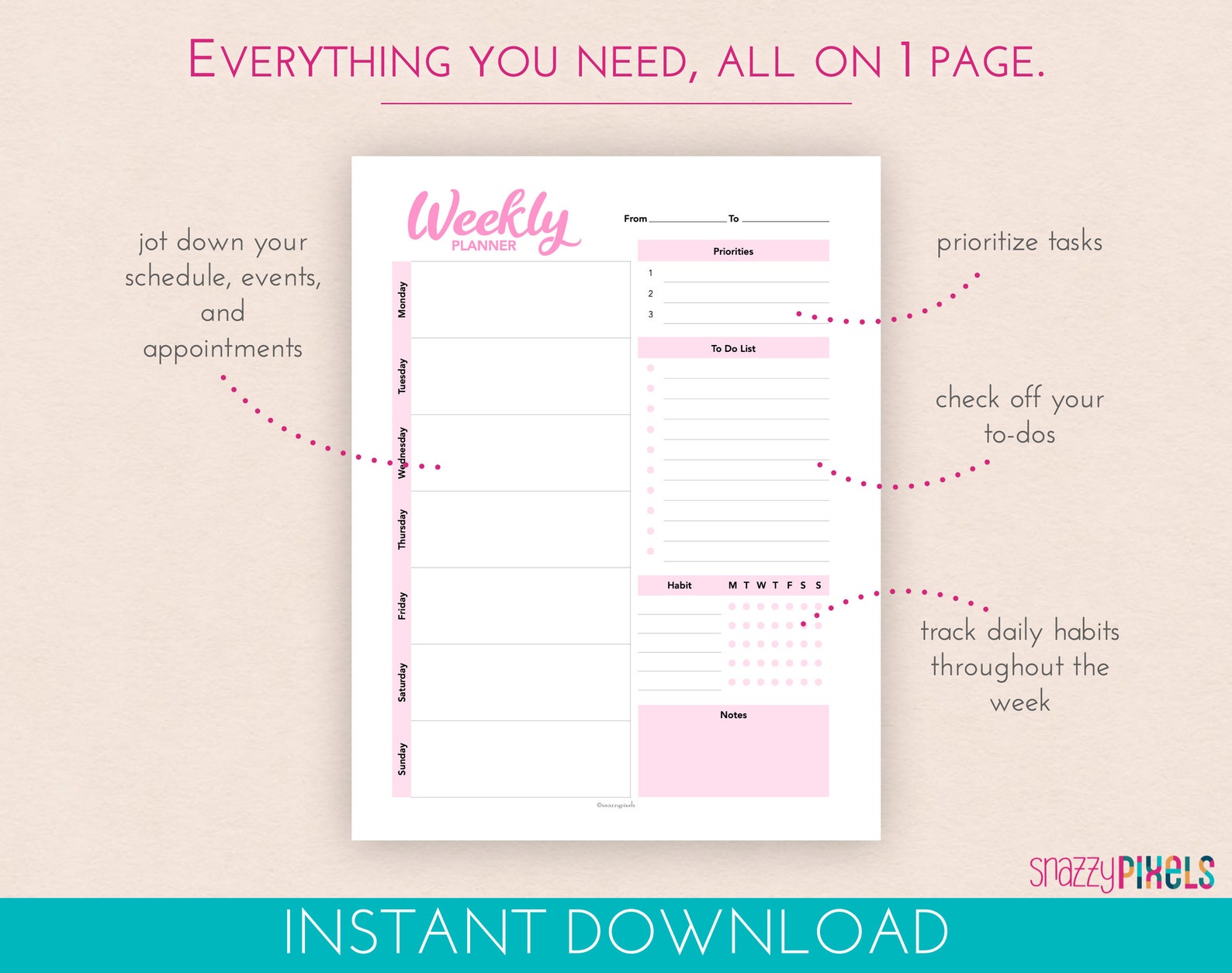 Weekly Planner Printable PDF color Weekly Schedule Week - Etsy