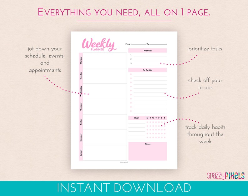 Weekly Planner Printable PDF color Weekly Schedule Week - Etsy