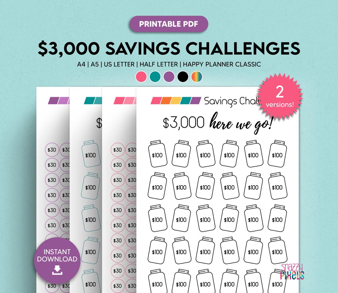 3000 Savings Challenge (printable PDF), 3k Savings Tracker Printable ...