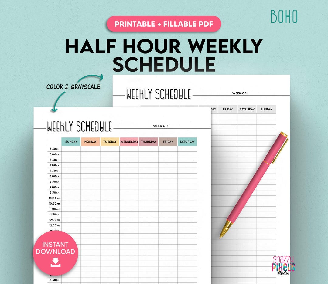 Half Hourly Weekly Schedule Printable, Fillable PDF, Boho Style - Etsy