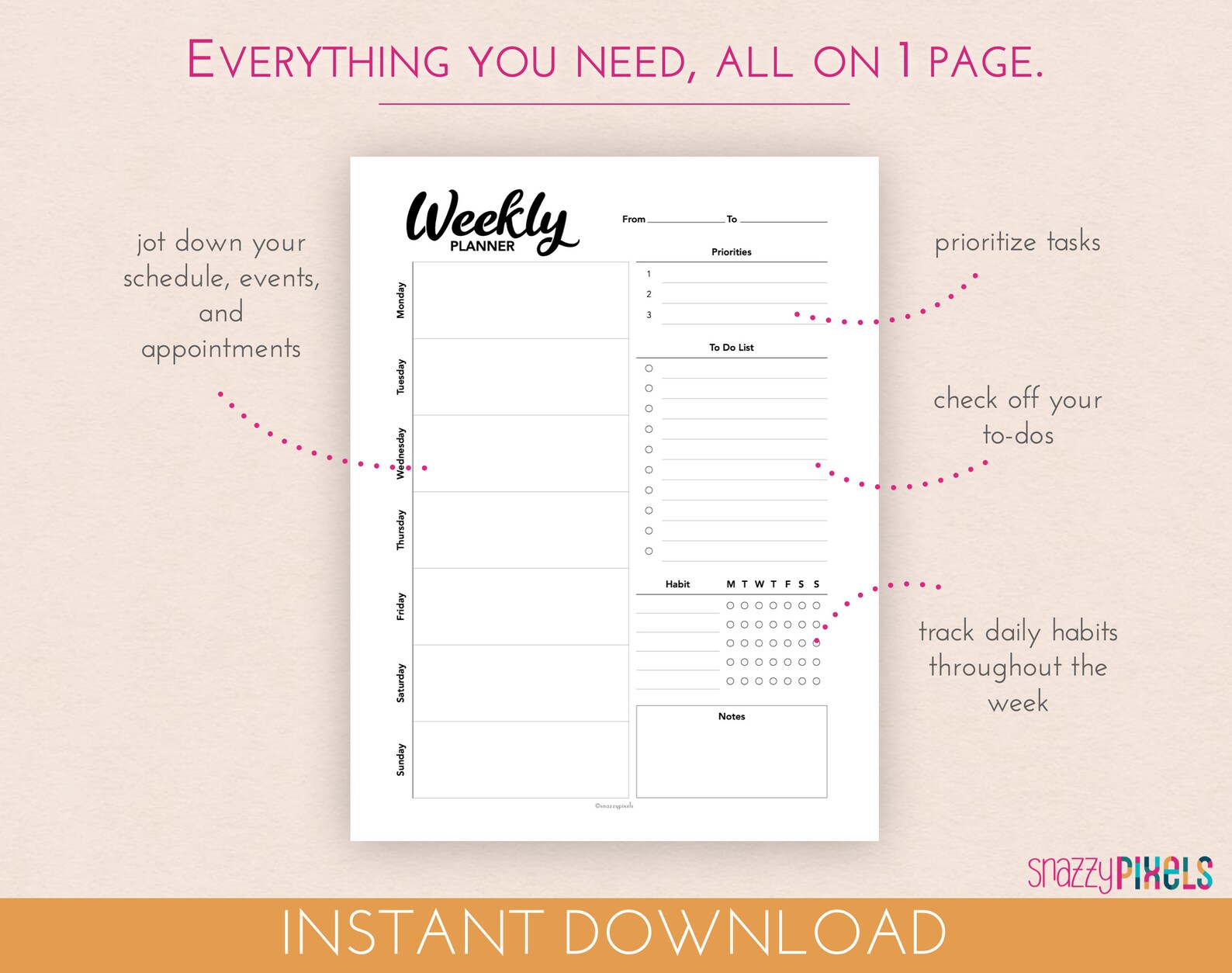 Weekly Planner Printable PDF B&W Weekly Schedule Week - Etsy