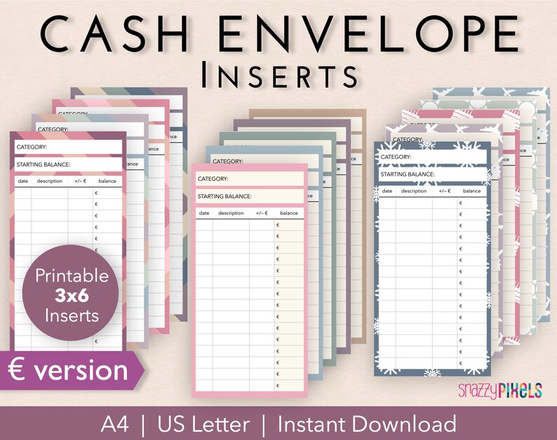 Cash Envelope Inserts EURO Printable PDF 3x6 Inch Sinking - Etsy