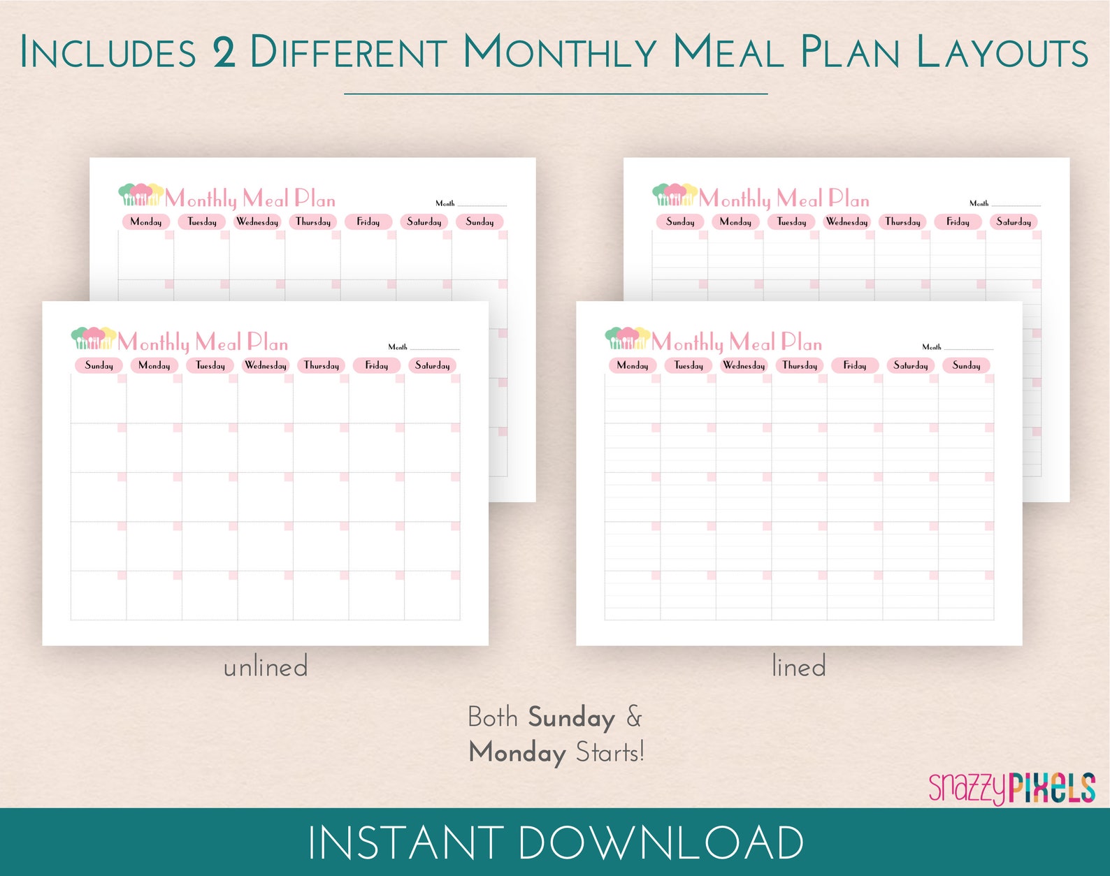 Meal Planner Printable PDF, Weekly Meal Planner, Monthly Meal Plan ...
