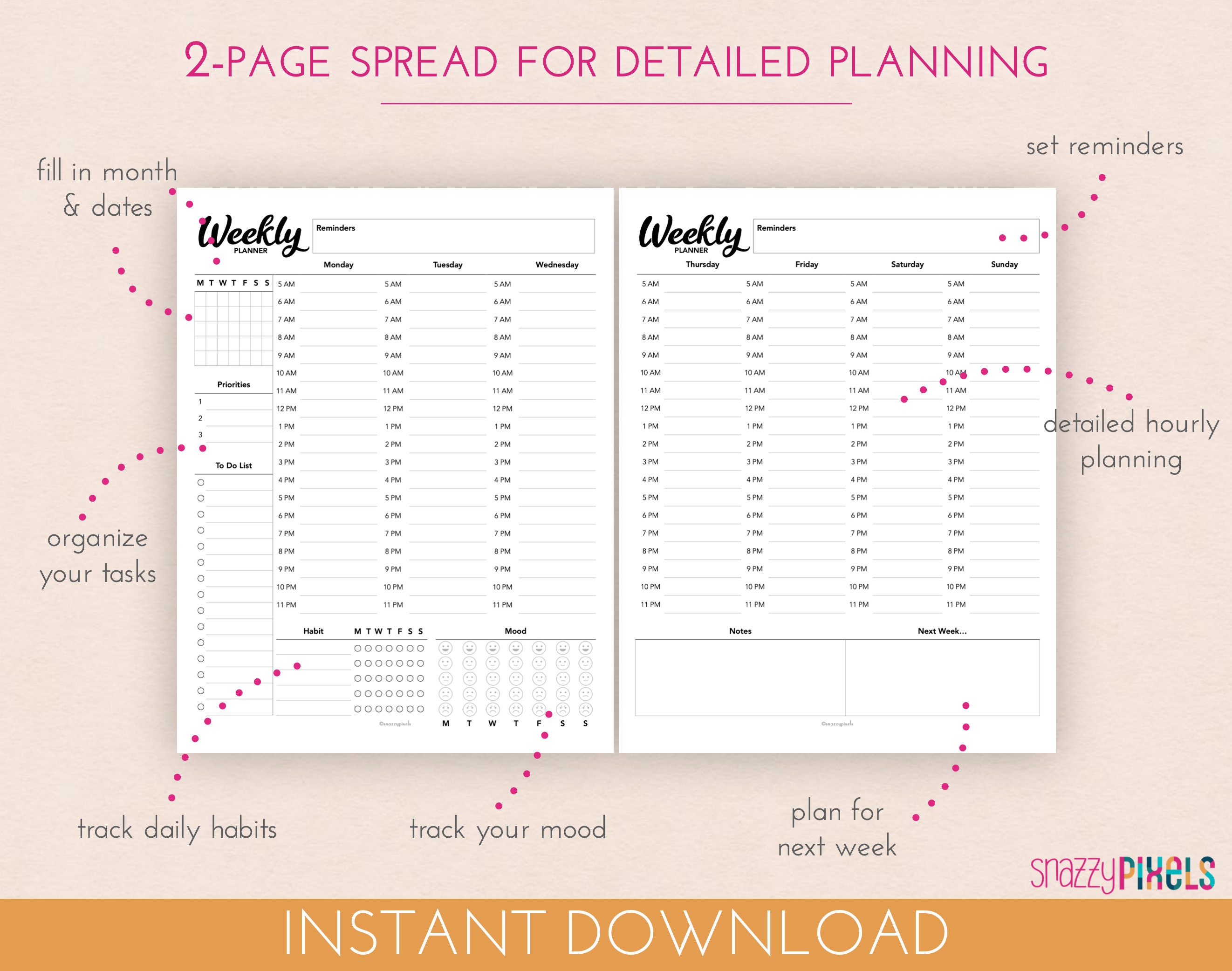 Weekly Hourly Planner Printable PDF B&W Daily Schedule | Etsy