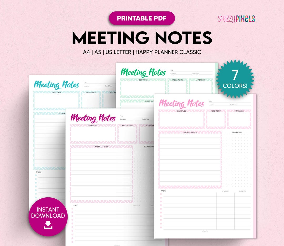 Meeting Notes Printable, Colorful Meeting Agenda (digital Download) - Etsy