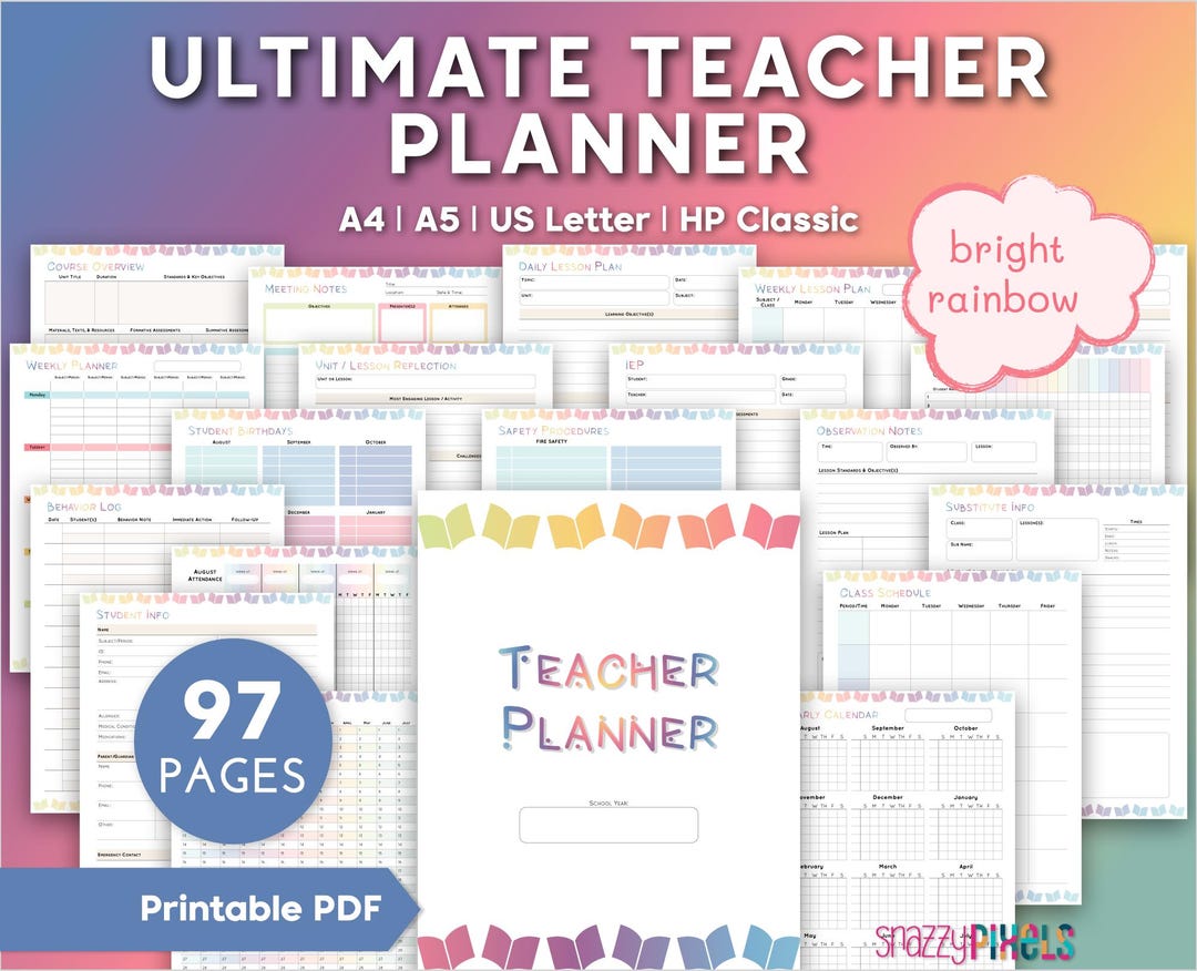 Teacher Planner Printable rainbow, Undated Teaching Binder, Lesson ...