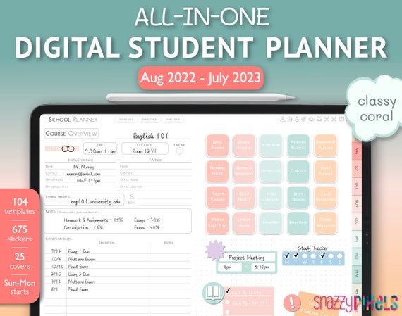 ALL-IN-ONE Digital Student Planner coral 2022-2023 Academic - Etsy