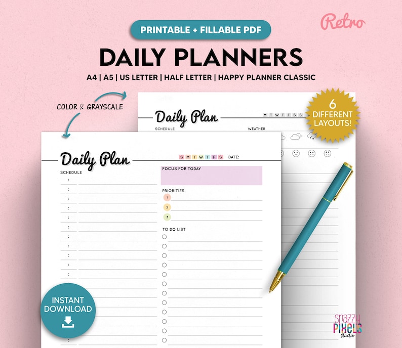 Retro Daily Planner Printable, Fillable PDF, Undated - Etsy