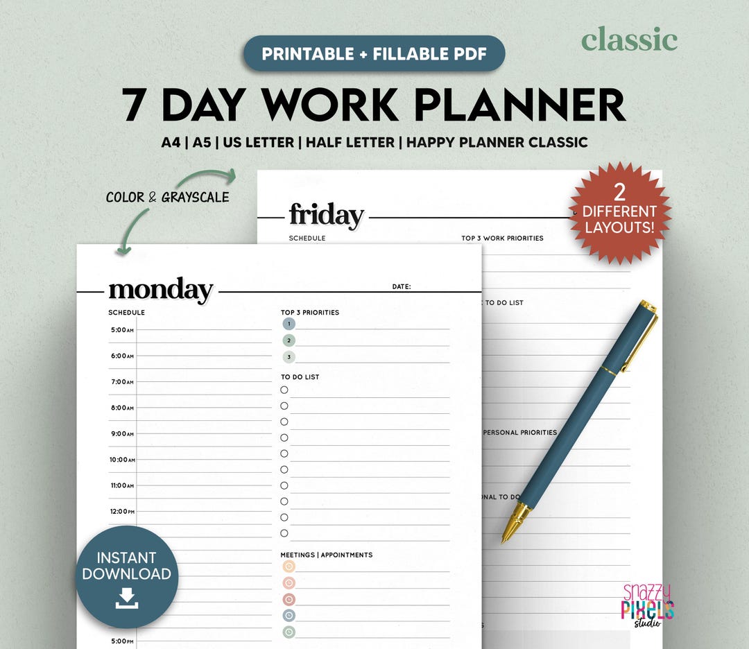 7 Day Work From Home Planner Printable Fillable, Office Business Daily ...