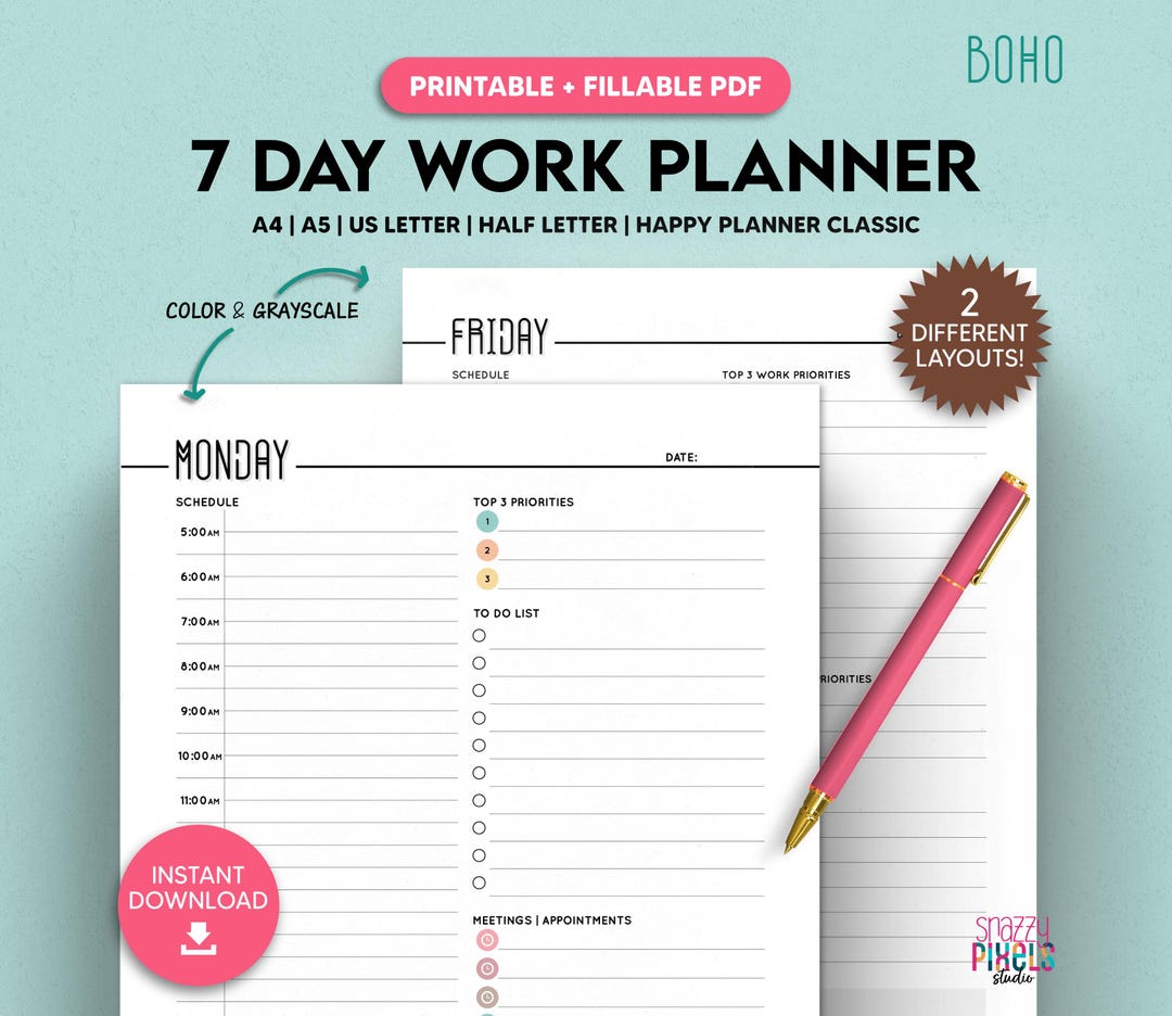7 Day Work Planner, Fillable Hourly Schedule (printable PDF) - Etsy