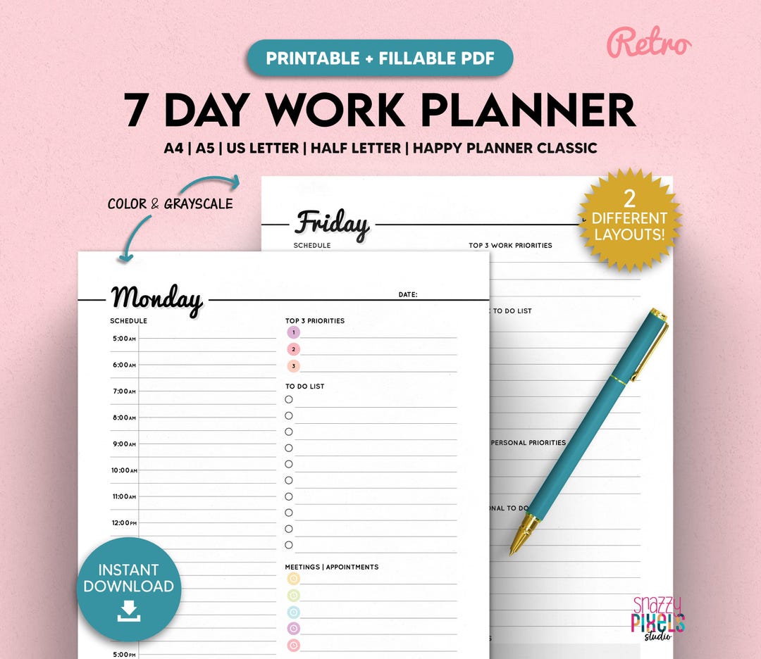 7 Day Work From Home Planner Printable Fillable, Office Business Daily ...