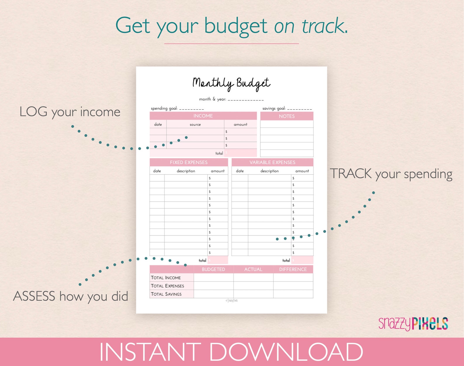 Monthly Budget Templates pink Monthly Budget Printable PDF - Etsy