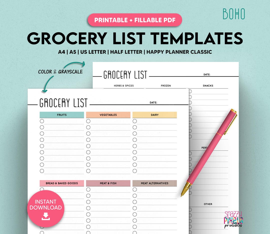 Grocery List Printable Template, Grocery Planner, Food Shopping List ...
