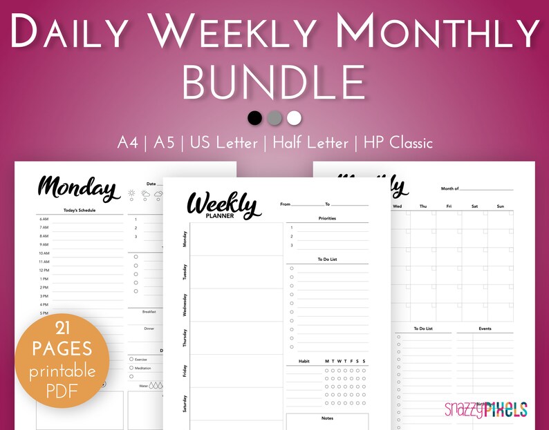 Productivity Planner Printable PDF B&W Daily Weekly Monthly | Etsy