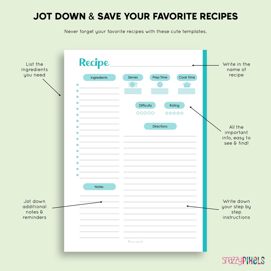 Recipe Page Template Printable PDF, Recipe Sheet, Recipe Planner Page ...