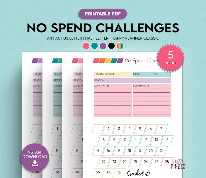 No Spend Challenge Printable (2 Page PDF), Savings Challenge, No Spend ...