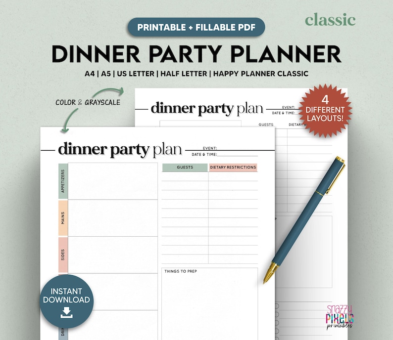 Dinner Party Planner Printable Template, Dinner Menu Plan, Food Planner ...