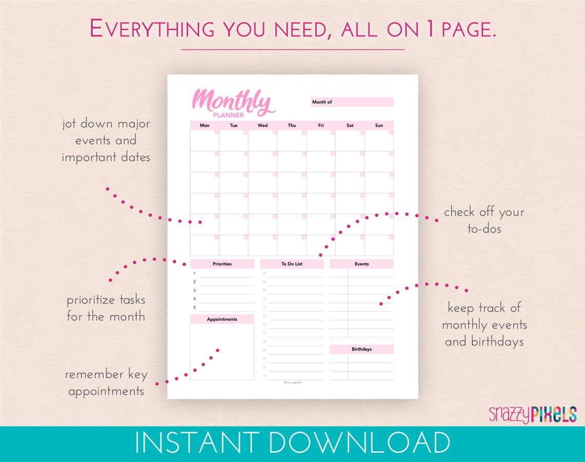 Month at a Glance Planner Printable PDF color Month Goals - Etsy