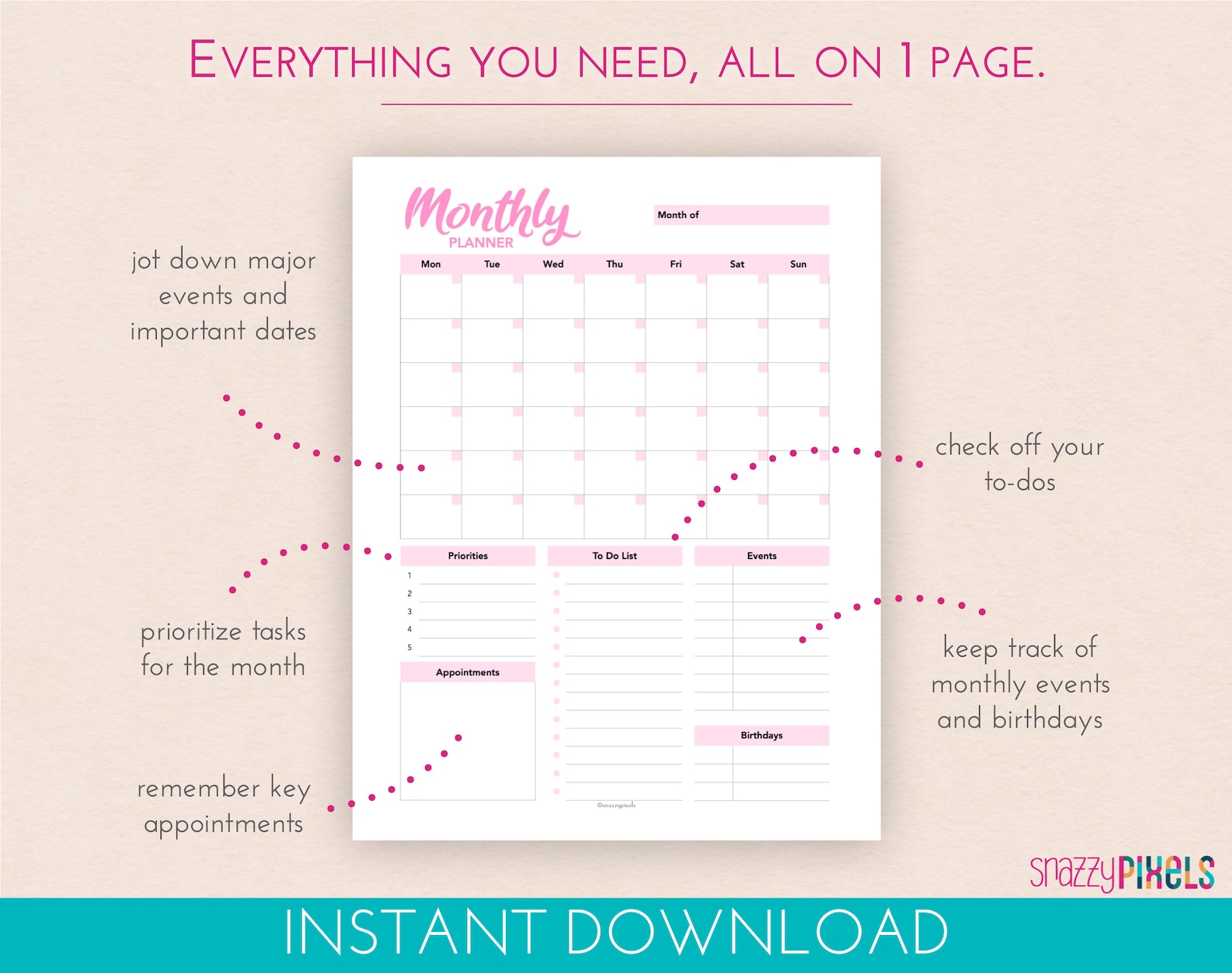 Month at a Glance Planner Printable PDF color Month Goals - Etsy