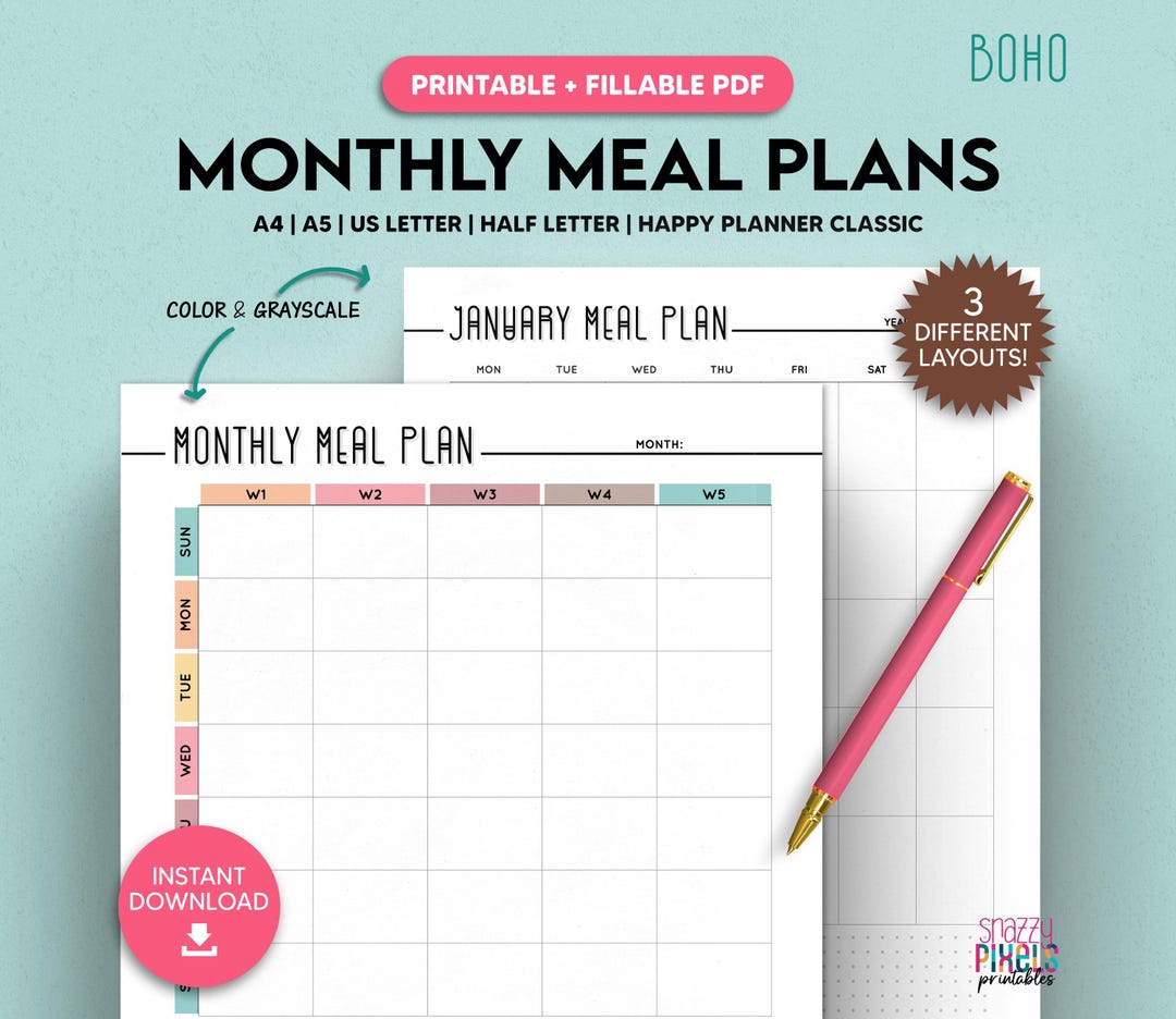 Monthly Meal Planner Printable Template, Menu Planner, Food Diet ...