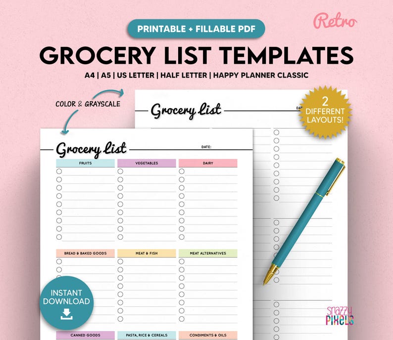 Grocery List Printable Template, Grocery Planner, Food Shopping List ...