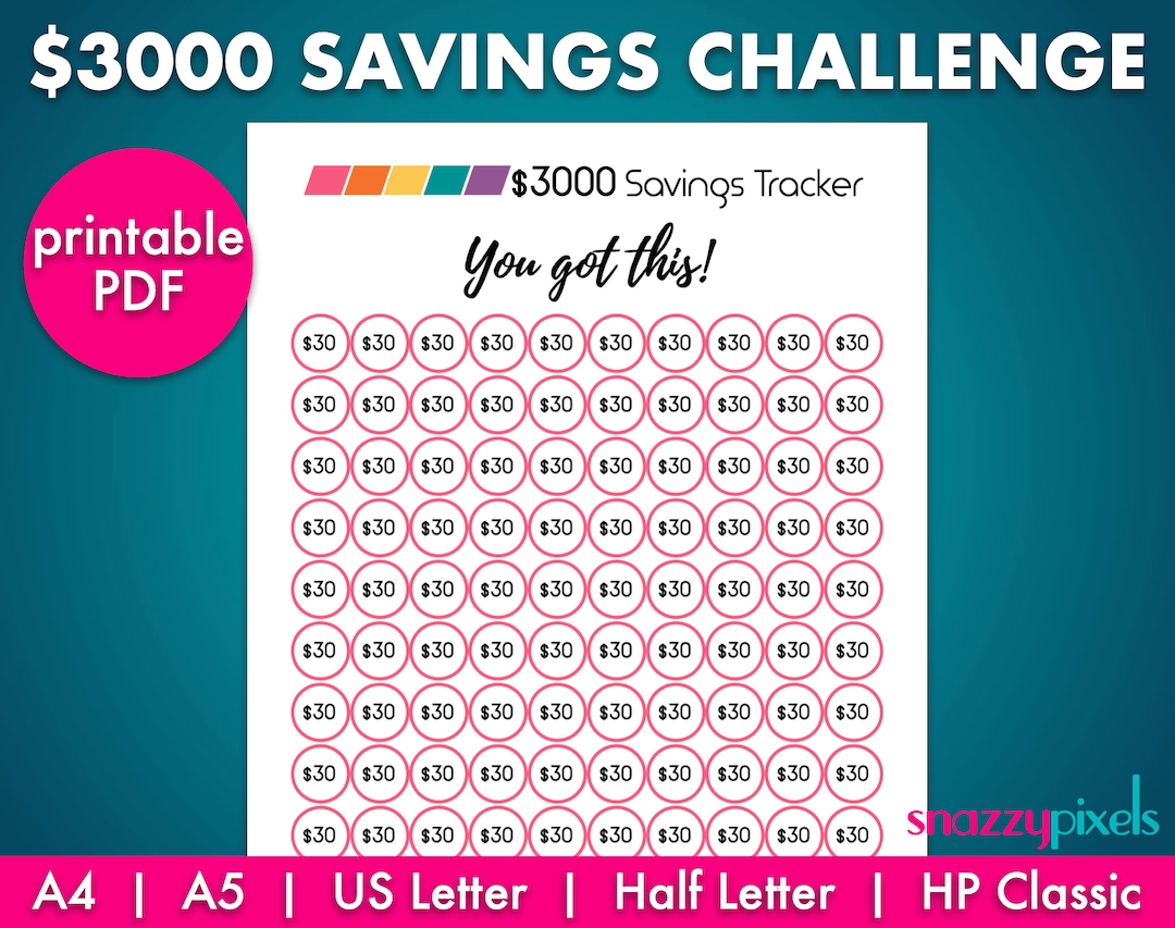 3000 Savings Challenge (printable PDF), 3k Savings Tracker Printable ...