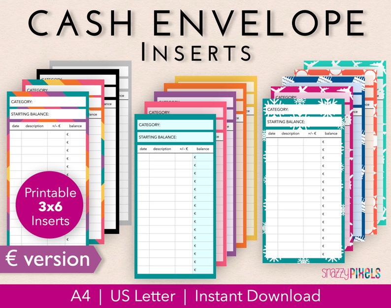 Cash Envelope Inserts EURO Printable PDF 3x6 Inch Sinking - Etsy