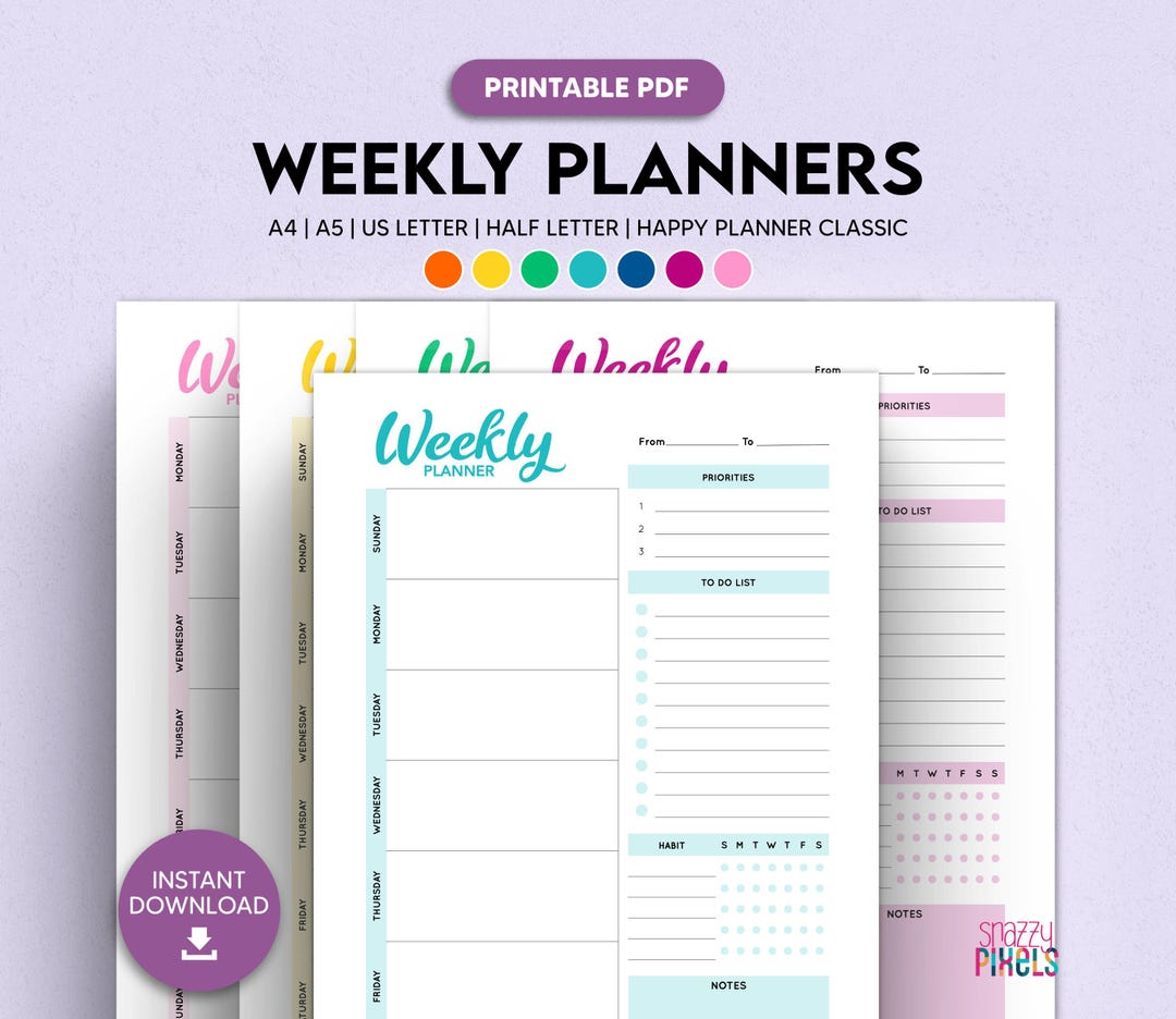 Weekly Planner Printable PDF (color), Weekly Schedule, Week Organizer ...