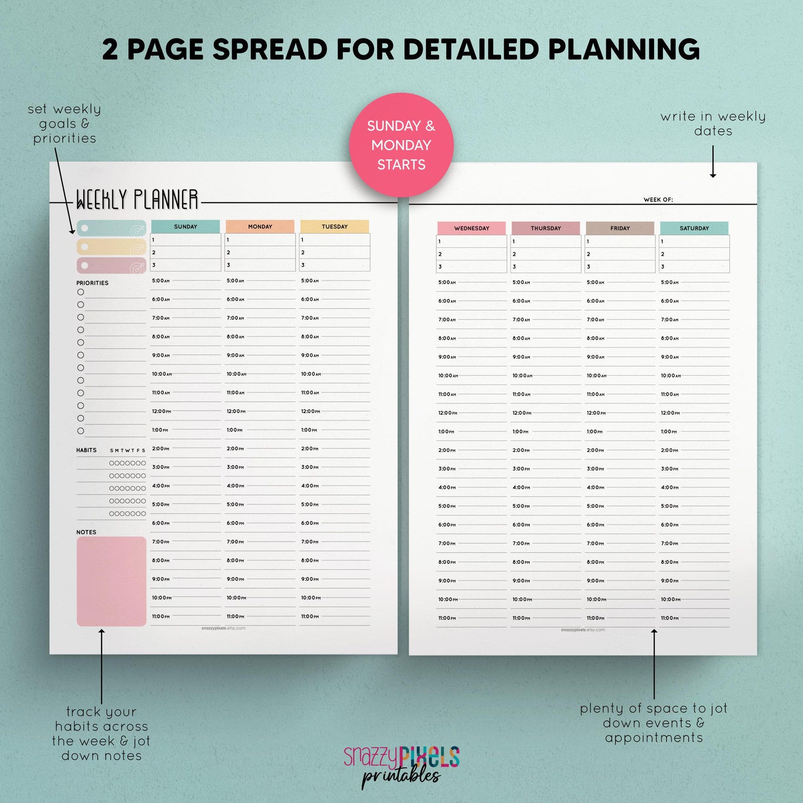 Hourly Weekly Schedule 2 Page Spread, Printable Fillable PDF, Week ...