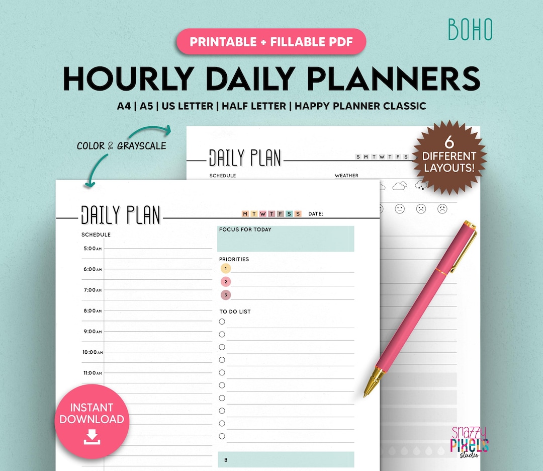 Hourly Daily Planner Printable Fillable, Daily to Do List, Undated ...