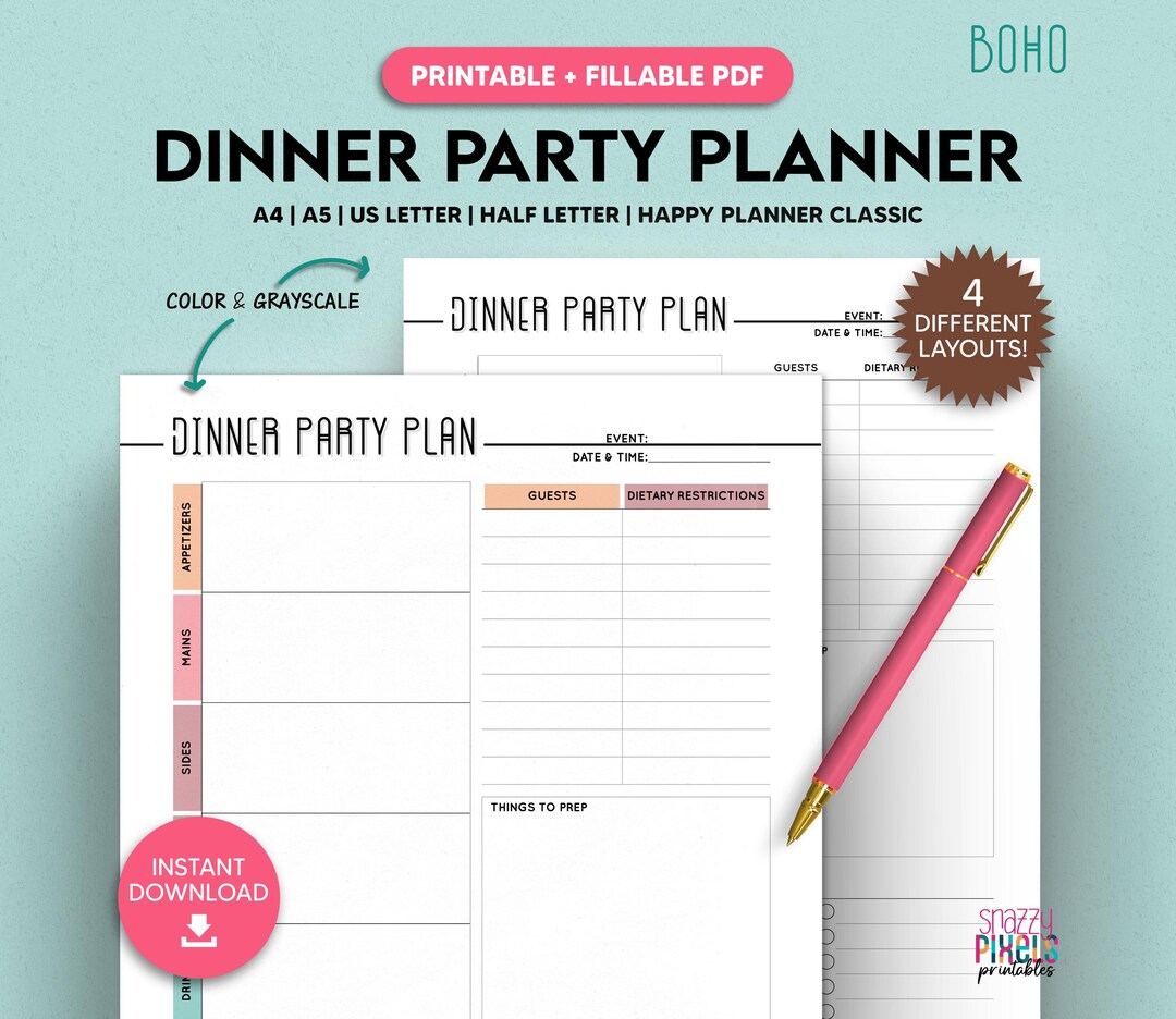 Dinner Party Planner, Menu, Guest List (fillable PDF) - Etsy